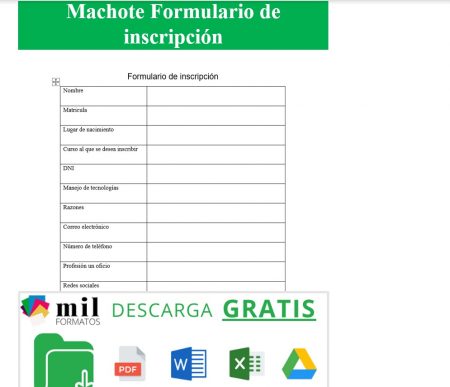 Formulario de inscripción Ejemplos, Formatos Word, Excel
