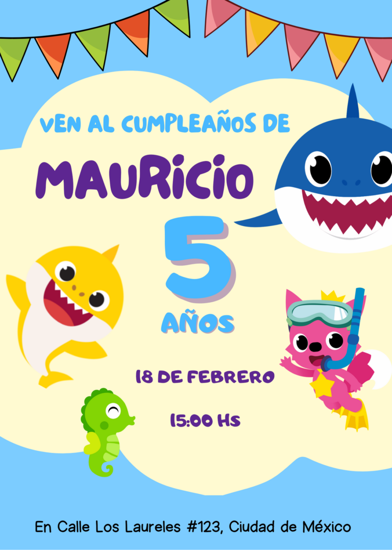 Invitaciones Baby Shark PowerPoint, Canva - Ejemplos y Plantillas