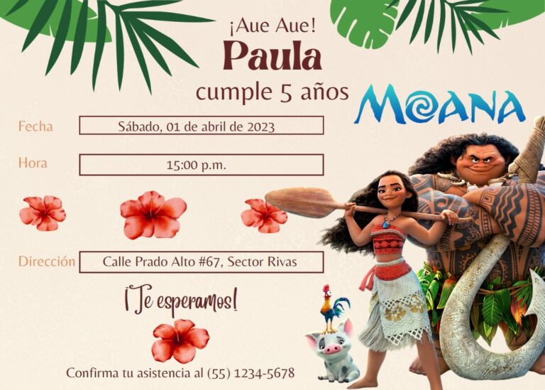 Invitaciones Moana PowerPoint, Canva - Ejemplos y Plantillas