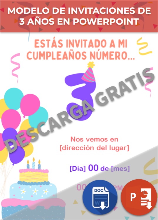 Invitaciones 3 años PowerPoint, Canva - Ejemplos y Plantillas